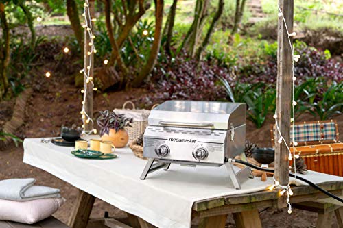 Megamaster Premium Outdoor Cooking 2-Burner Grill, Outdoor Cooking While Camping, Outdoor Kitchen, Patio Garden, Barbecue with Two Foldable legs, Silver in Stainless Steel