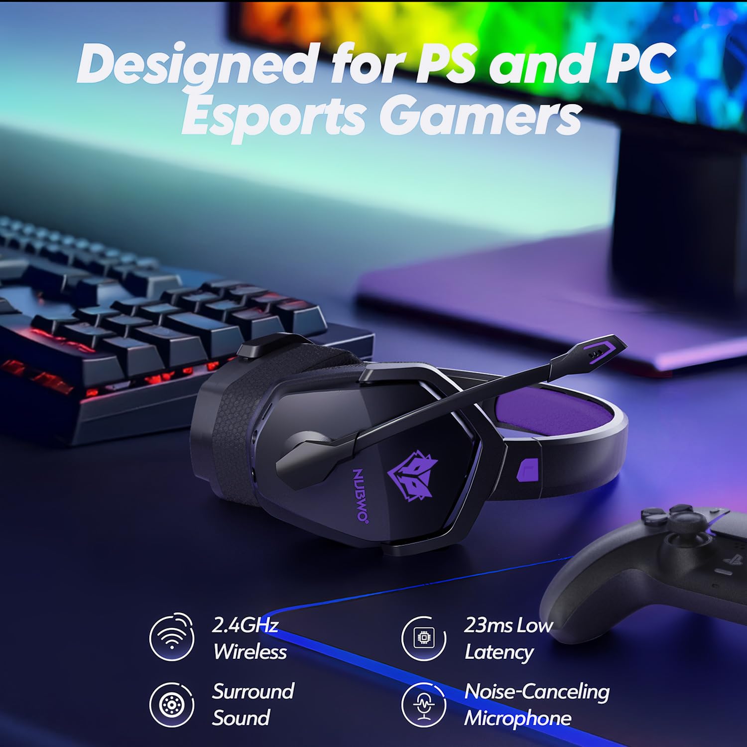 NUBWO G06 Dual Wireless Gaming Headset with Microphone for PS5, PS4, PC - 23ms Low Latency Audio - 100-Hour of Playtime - 50mm Drivers (Black-Purple)