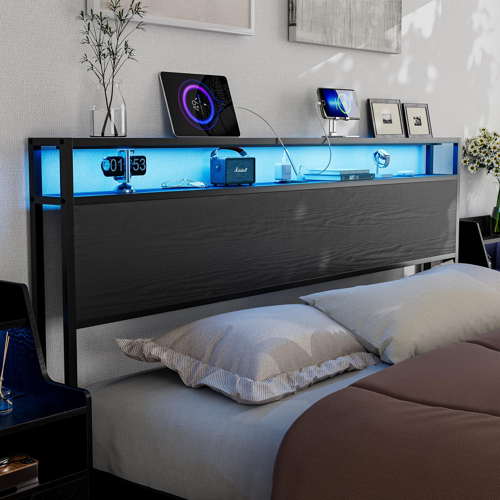 IKIFLY California King Size Storage Headboard with LED Lights & Charging Station - Industrial Metal and Wood Cal King Headboard Only for Bedroom, Attach Frame, Easy Assembly - Black