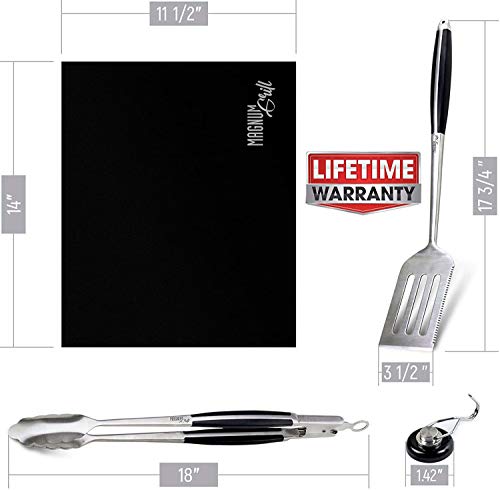 Grilling Accessories by Magnum Grill - 5 Piece BBQ Tools Set with 18" Grill Spatula, Tongs for Cooking, BBQ Grill Mat and 2X Strong Magnetic Hooks for Hanging on Barbeque - Heavy Duty Metal Grill Set