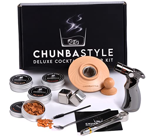 Chunba Style Cocktail Smoker Kit with Torch, 4 Wood Chips Flavors, 11pcs Deluxe Set for Whiskey, Bourbon Old Fashioned Drink Smoker Lovers. Unique Gift for Men, Father, Husband and Friends (No Butane)