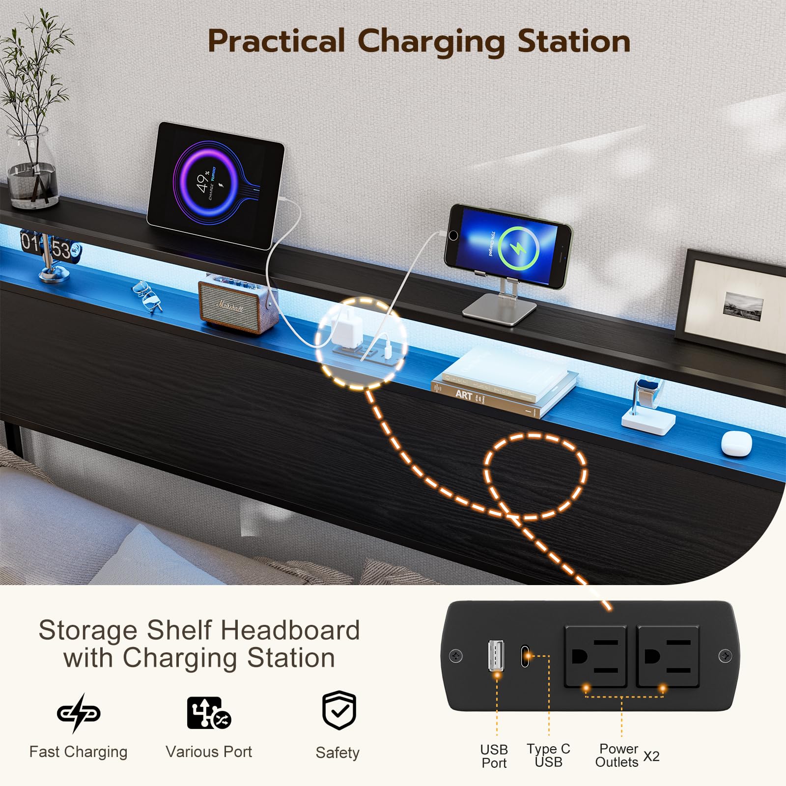 IKIFLY California King Size Storage Headboard with LED Lights & Charging Station - Industrial Metal and Wood Cal King Headboard Only for Bedroom, Attach Frame, Easy Assembly - Black