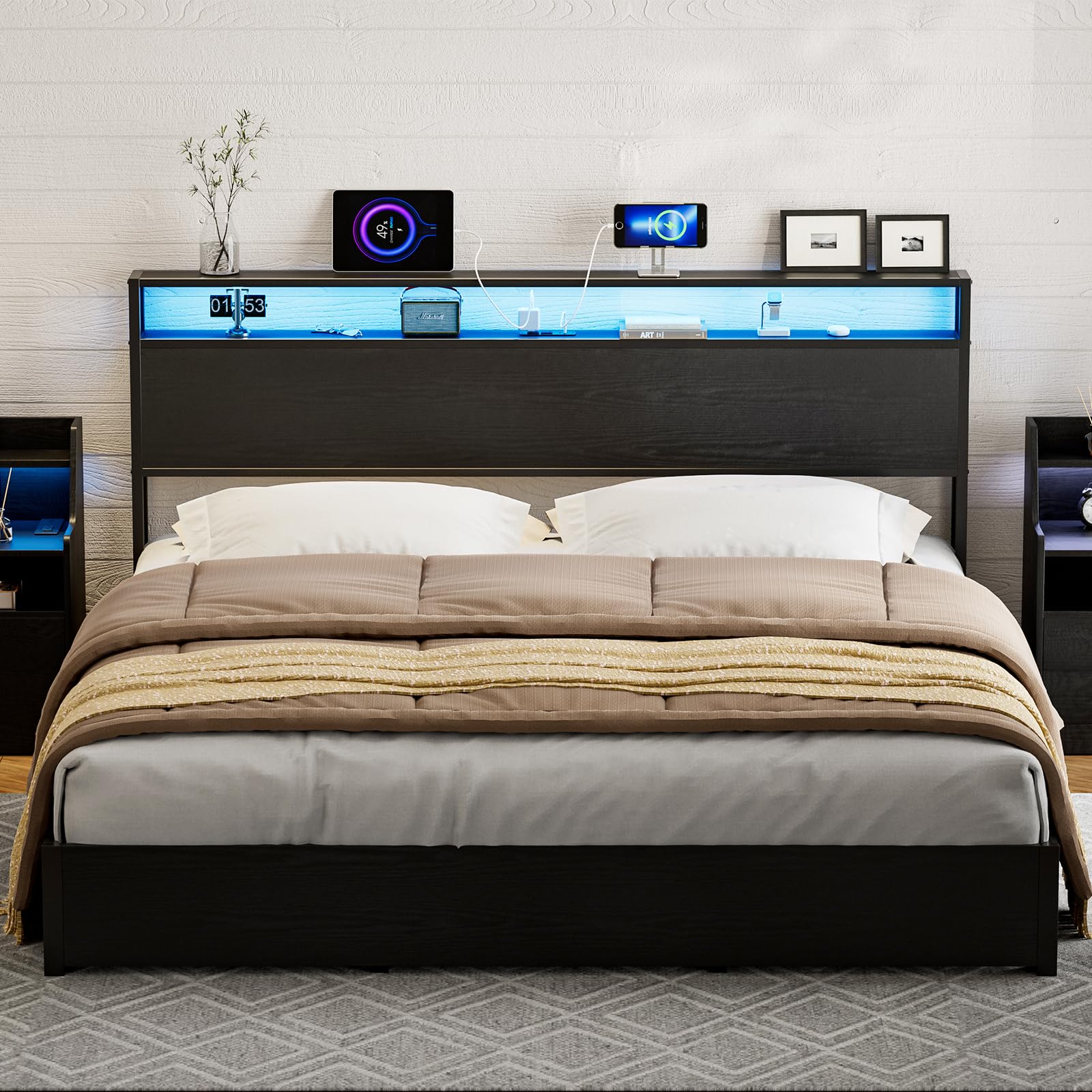IKIFLY California King Size Storage Headboard with LED Lights & Charging Station - Industrial Metal and Wood Cal King Headboard Only for Bedroom, Attach Frame, Easy Assembly - Black