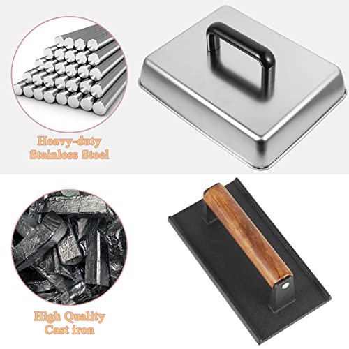 MOASKER 14 Inch Rectangular Melting Dome & Grill Press Kit for Blackstone Accessories, Stainless Steel Cheese Basting Cover and Cast Iron Bacon Burger Press for Flat Top Griddle Grill