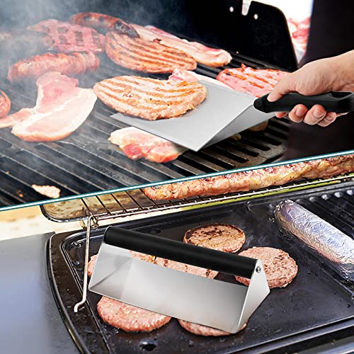 Leonyo Hamburger Spatula & 8.2x4.2 Inch Rectangular Burger Press, Heavy Duty Griddle Metal Turner Flipper & Stainless Steel Smash Bacon Grill Press for Flat Top BBQ Cheese Burger Patty, Plastic Handle