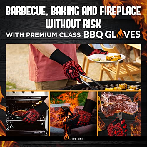 MERCHENS Oven Mitts - Insulated, Fireproof, Extreme Heat Resistant Silicone Grill Gloves That Take Barbecuing to New Heights - Extra Long Oven Mitts - Indoor & Outdoor Wear with Protective Case (Red)