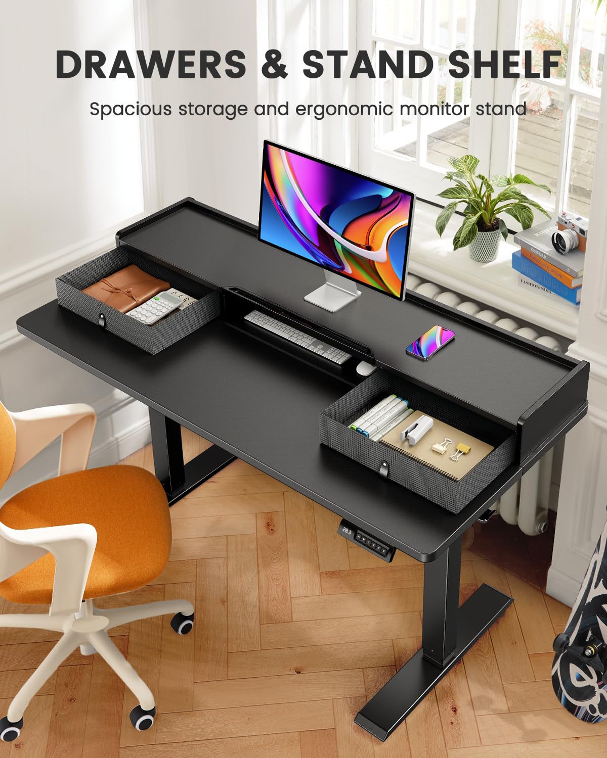 Ergear Electric Standing Desk Adjustable Height with 2 Drawers, 55 x 28 Inches Sit Stand Up Desk with Storage Shelf, 3 Memory Presets, for Home Office