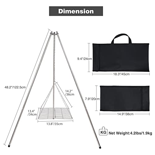 REDCAMP Campfire Tripod, Folding Camping Grill with Grill Grate, Tripod Cooker for Cooking,Ourdoor BBQ