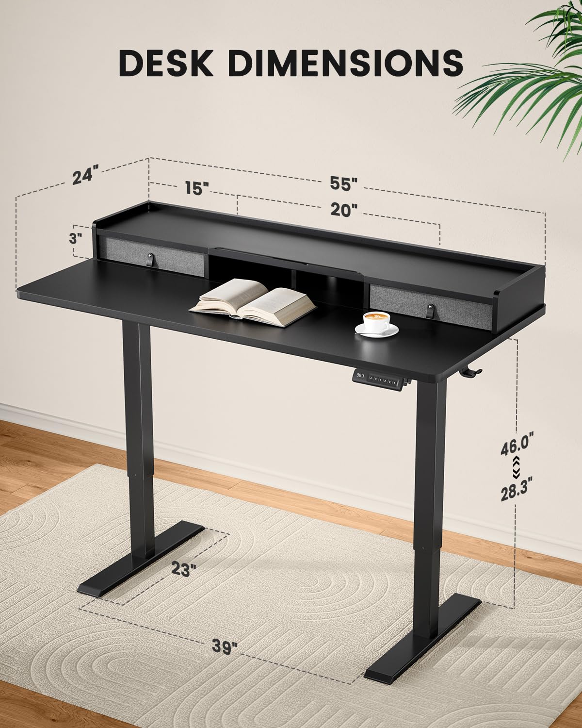 Ergear Electric Standing Desk Adjustable Height with 2 Drawers, 55 x 28 Inches Sit Stand Up Desk with Storage Shelf, 3 Memory Presets, for Home Office