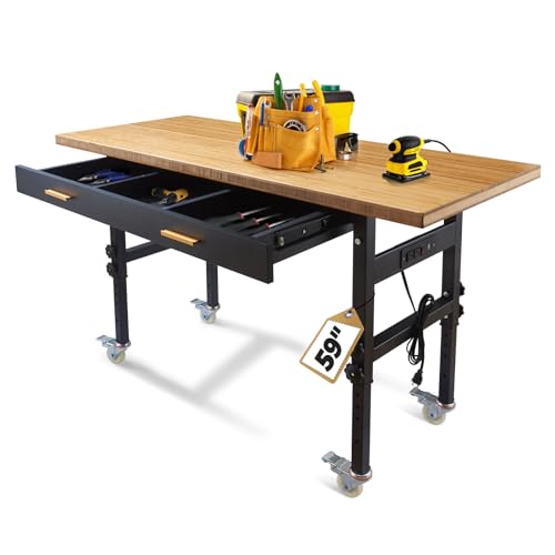Workbench for Garage, 59x24 Work Bench with Drawers, Power Outlets, Casters, Natural Bamboo Wood Top Adjustable Workbench 2000 LBS Load Capacity Work Table for Workshop, Office