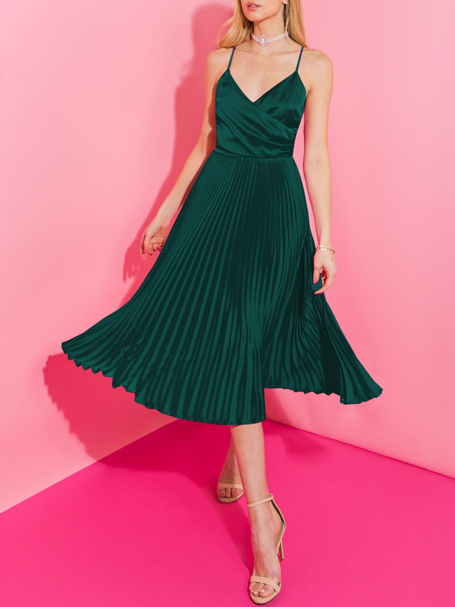 ZAFUL Womens Satin Sexy Backless Wrap V Neck Sleeveless Spaghetti Strap Pleated Flowy Party Midi Dress