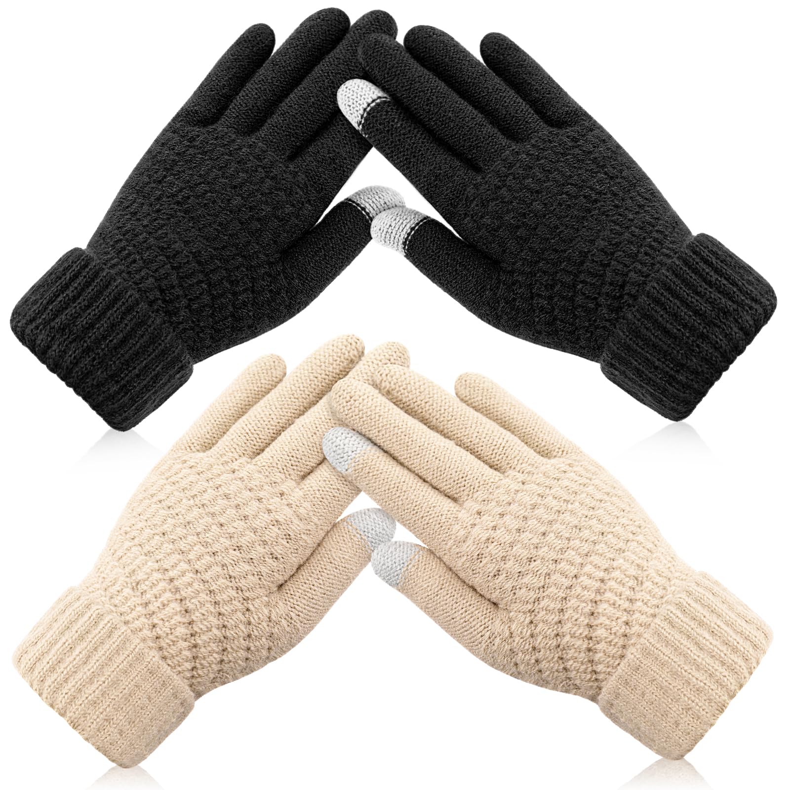 Trifabricy Womens Winter Gloves - Warm Soft Touchscreen Winter Gloves for Women, Elastic Cuff Knit Texting Gloves for Cold Weather, 2 Pairs