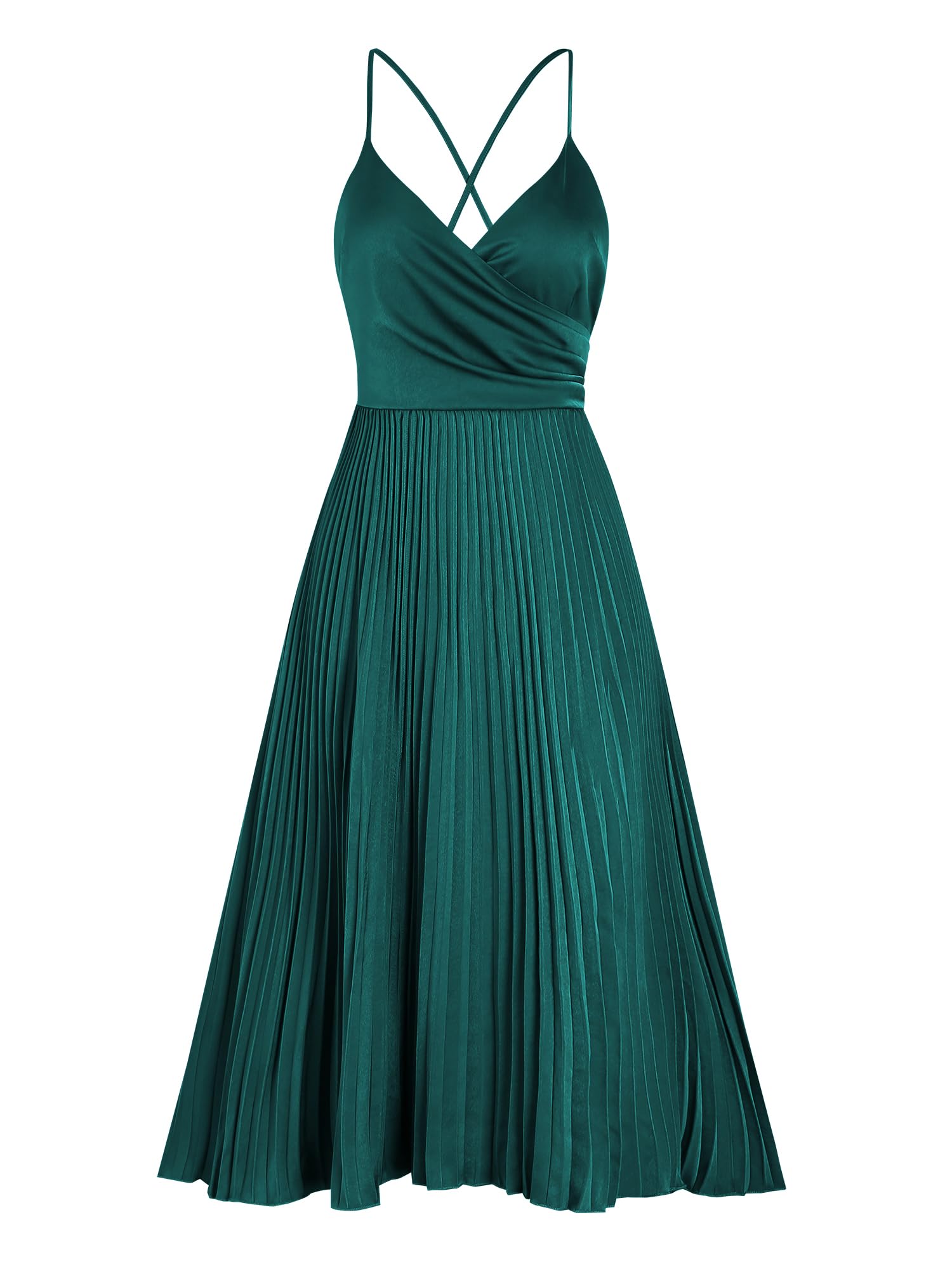 ZAFUL Womens Satin Sexy Backless Wrap V Neck Sleeveless Spaghetti Strap Pleated Flowy Party Midi Dress
