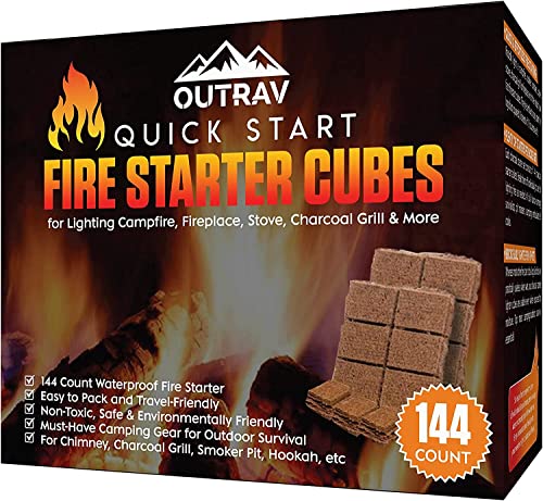 Outrav Fire Starter Cubes, 144ct Charcoal Firestarter Squares for Lighting Fireplace, Wood Stove, Grill, Campfire, BBQ Smoker Pit – Mini Nontoxic Waterproof Fire Starting Bricks for Camping, Survival