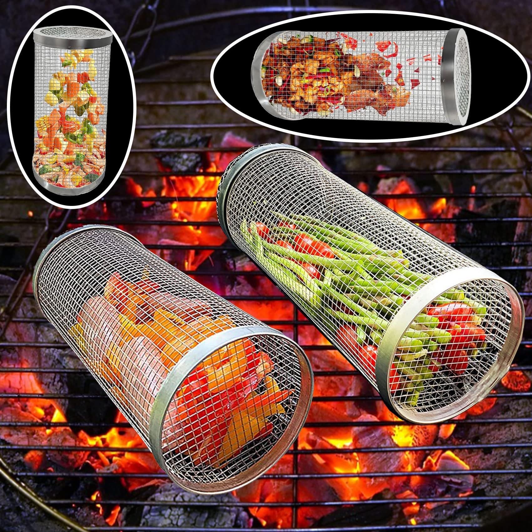 Rolling Grilling Baskets for Outdoor Grilling,BBQ Rolling Grill Basket,Grilling Basket,Rolling Grill Baskets for Outdoor Grill Vegetables,French Fries,Seafood,Meat (11.8X 3.74 inch) (Size : 2PCS 7.87