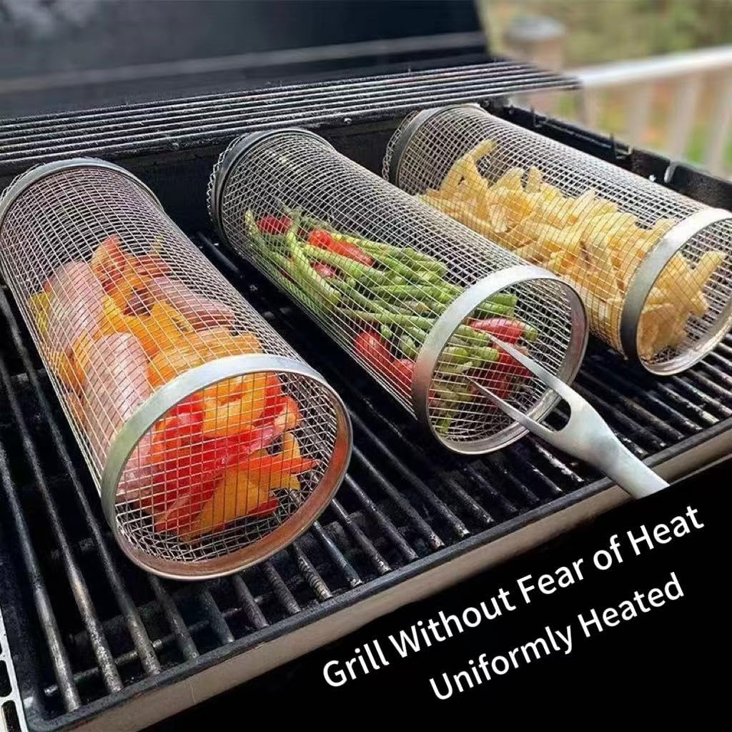 Rolling Grilling Baskets for Outdoor Grilling,BBQ Rolling Grill Basket,Grilling Basket,Rolling Grill Baskets for Outdoor Grill Vegetables,French Fries,Seafood,Meat (11.8X 3.74 inch) (Size : 2PCS 7.87