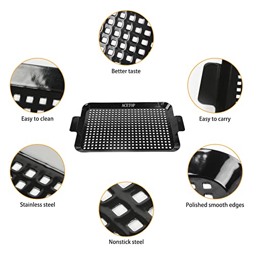 2PCS Grill Topper Pans BBQ ACETOP Nonstick Barbecue Grilling Baskets Outdoor Stainless Steel BBQ Grill Tray with Perforated Bottom for Indoor Camping Chicken Drumsticks Vegetable Shrimp Meat