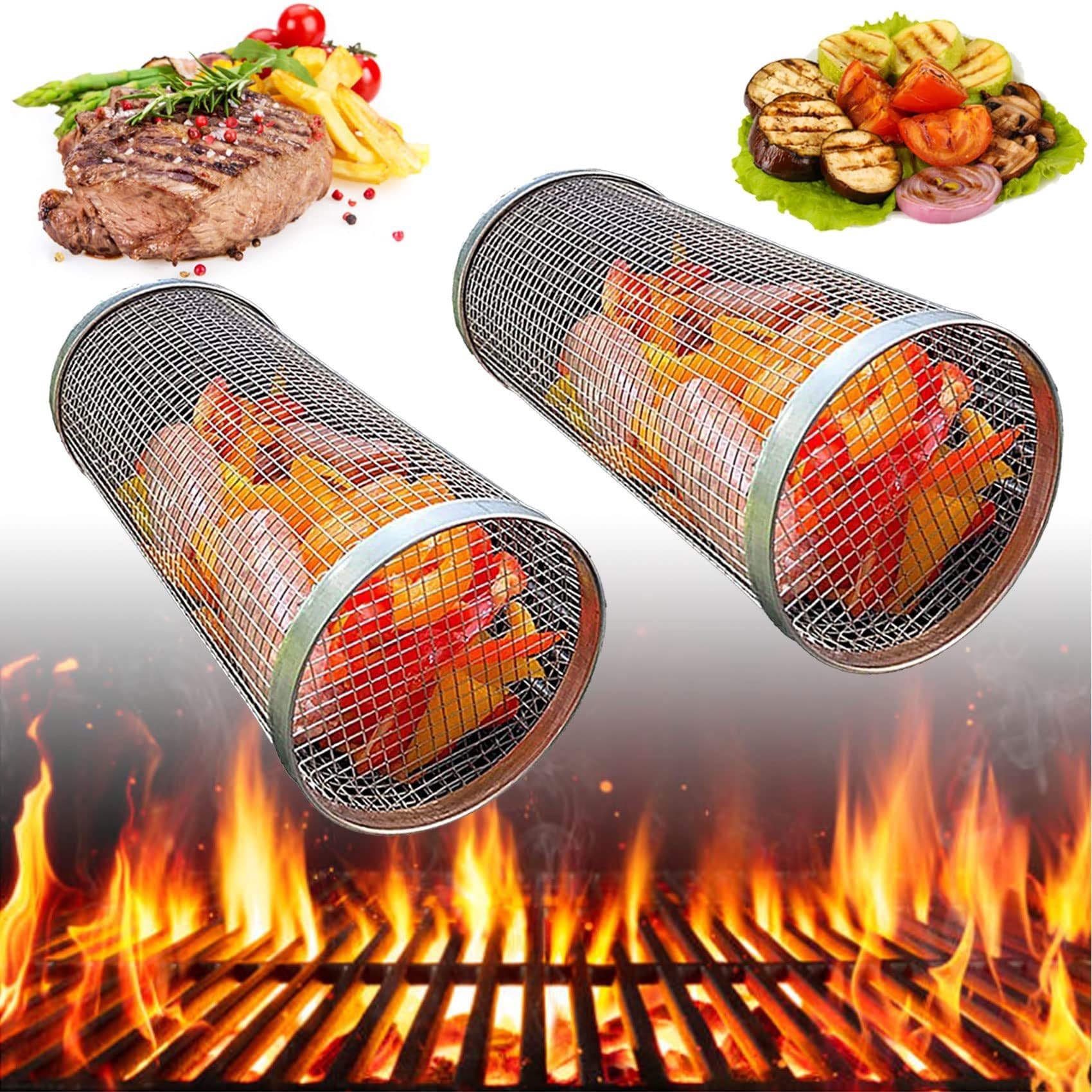 Rolling Grilling Baskets for Outdoor Grilling,BBQ Rolling Grill Basket,Grilling Basket,Rolling Grill Baskets for Outdoor Grill Vegetables,French Fries,Seafood,Meat (11.8X 3.74 inch) (Size : 2PCS 7.87