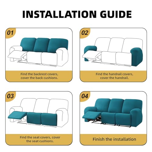 HDCAXKJ 100% Waterproof 8-Piece Recliner Couch Cover for Reclining Couch 3 Seat Super Stretch Soft Recliner Sofa Covers for 3 Cushion Couch Recliner Set Slipcovers Protector (Peacock Blue, 3 Seat)