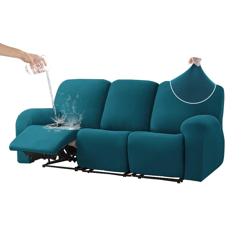 HDCAXKJ 100% Waterproof 8-Piece Recliner Couch Cover for Reclining Couch 3 Seat Super Stretch Soft Recliner Sofa Covers for 3 Cushion Couch Recliner Set Slipcovers Protector (Peacock Blue, 3 Seat)