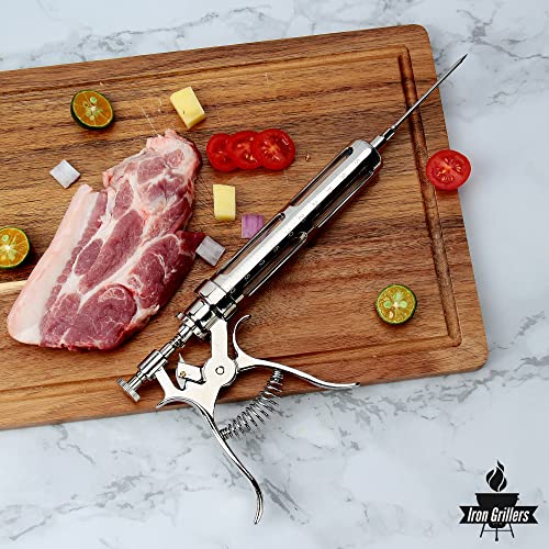 Iron Grillers Meat Injector Gun for Smoking & Grilling, Large 2 Oz Glass Syringe for Cooking BBQ, Brisket, Turkey & More - Inject Marinade or Seasoning for Tender Flavor! - Automatic Professional Kit