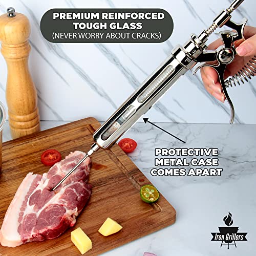 Iron Grillers Meat Injector Gun for Smoking & Grilling, Large 2 Oz Glass Syringe for Cooking BBQ, Brisket, Turkey & More - Inject Marinade or Seasoning for Tender Flavor! - Automatic Professional Kit