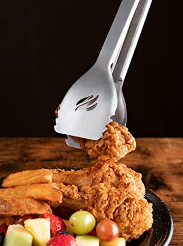 Blackstone 5282 Frying Tongs and Skimmer Spatula Set for Barbeque and Grilling 1 Long Handled Tong with Square Hang Loop, 1 Large Slotted Air Fryer Basket Scoop, Stainless Steel, Silicone Grip