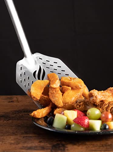 Blackstone 5282 Frying Tongs and Skimmer Spatula Set for Barbeque and Grilling 1 Long Handled Tong with Square Hang Loop, 1 Large Slotted Air Fryer Basket Scoop, Stainless Steel, Silicone Grip