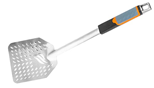 Blackstone 5282 Frying Tongs and Skimmer Spatula Set for Barbeque and Grilling 1 Long Handled Tong with Square Hang Loop, 1 Large Slotted Air Fryer Basket Scoop, Stainless Steel, Silicone Grip
