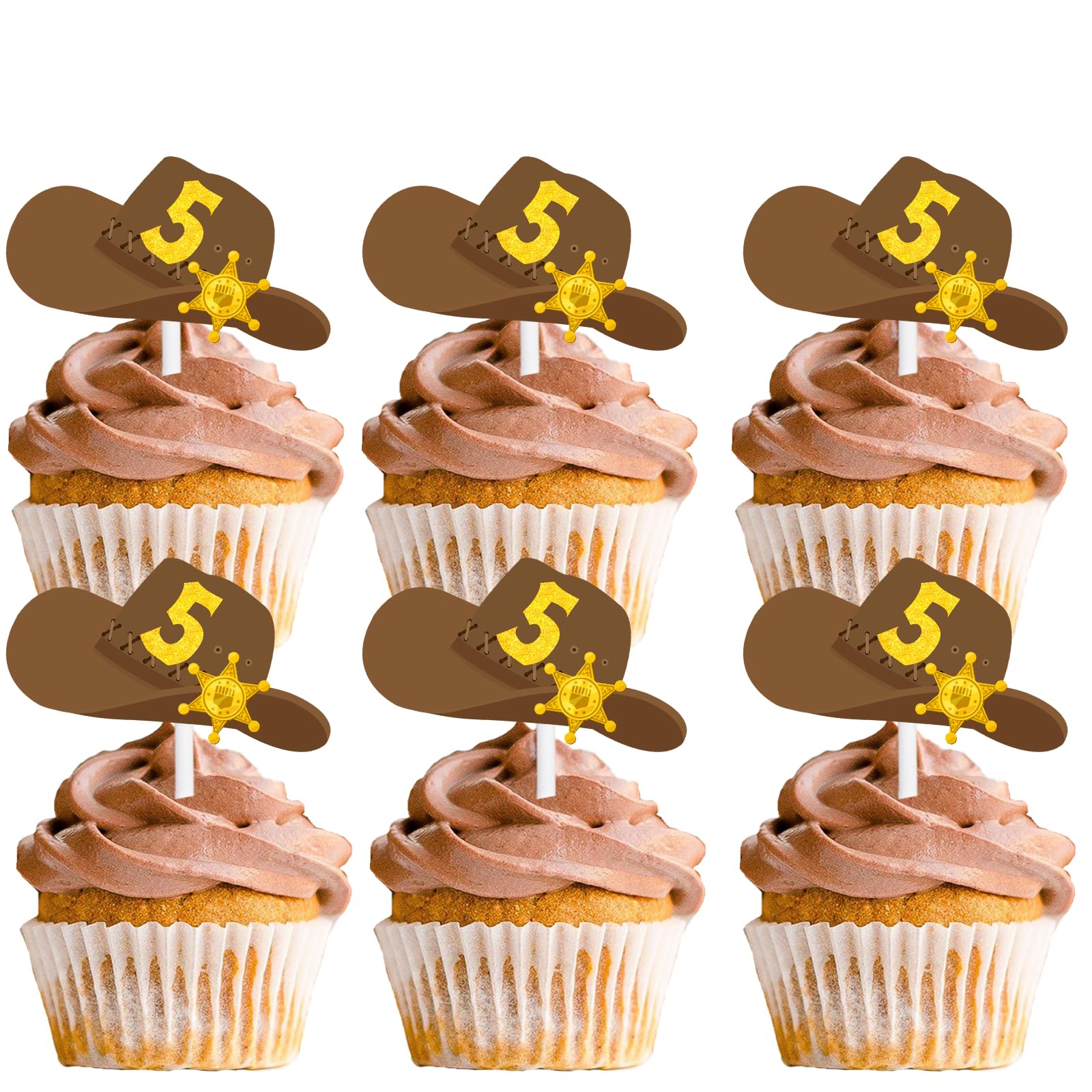 18pcs Gold Glitter Cowboy Hat 5 Dessert Cupcake Topper Cow Country Western Bull Riding Bull Rider Competition Theme Decor Supplies Boy Girl Happy 5th Birthday Party Decorations