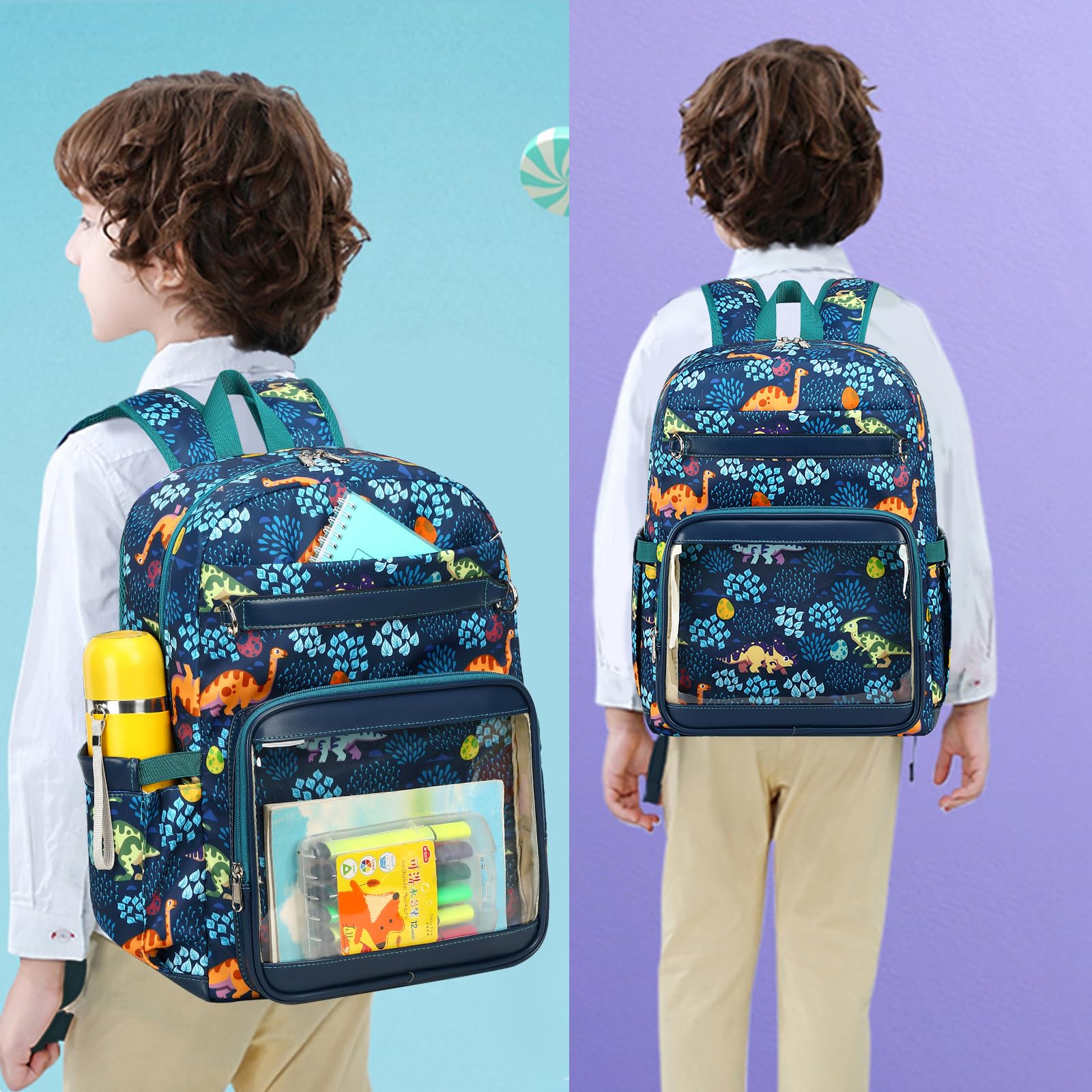 LEDAOU Kids Preschool Backpack Boys Kindergarten BookBag Elementary Waterproof School Bag (Dinosaur Leaf)