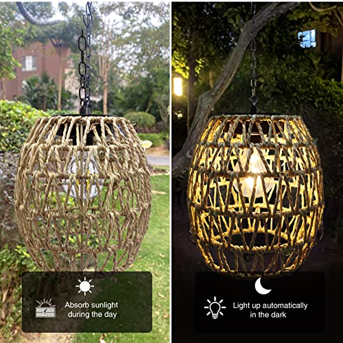 Solar Hanging Light Outdoor Porch Gazebo Patio Waterproof Pendant Chandelier Bamboo Lantern for Outdoor Lighting Decorative Lantern Auto On/Off Warm White Bulb
