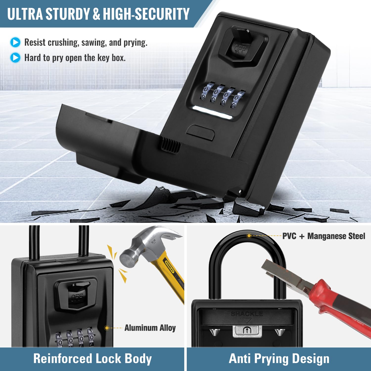 HUANLANG Key Lock Box Outdoor Light Up Lockbox 4 Digit Combination Lock Box for Door Handle Waterproof Key Safe Large Capacity Hide a Key,Security Lock Box for Realtor Home Office Garage Airbnb Gym