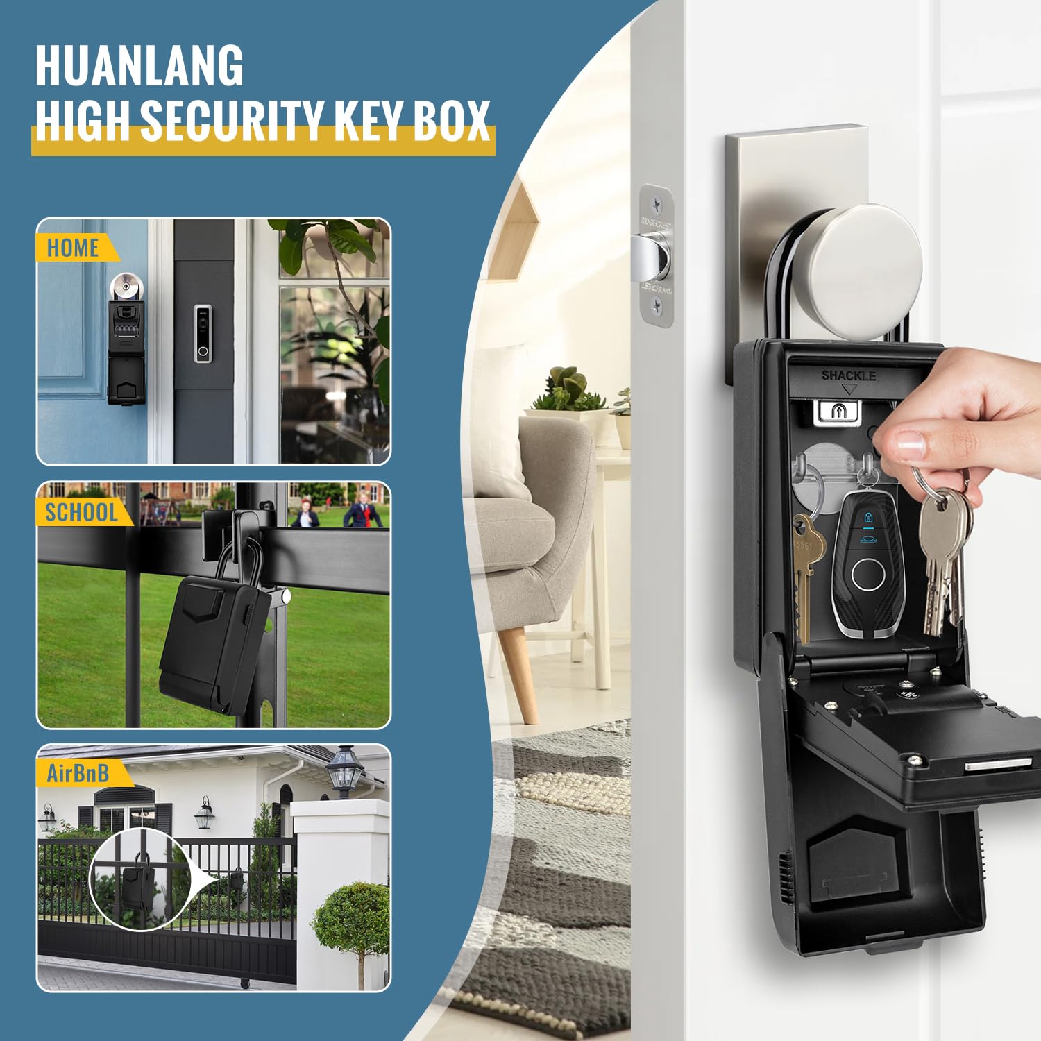 HUANLANG Key Lock Box Outdoor Light Up Lockbox 4 Digit Combination Lock Box for Door Handle Waterproof Key Safe Large Capacity Hide a Key,Security Lock Box for Realtor Home Office Garage Airbnb Gym