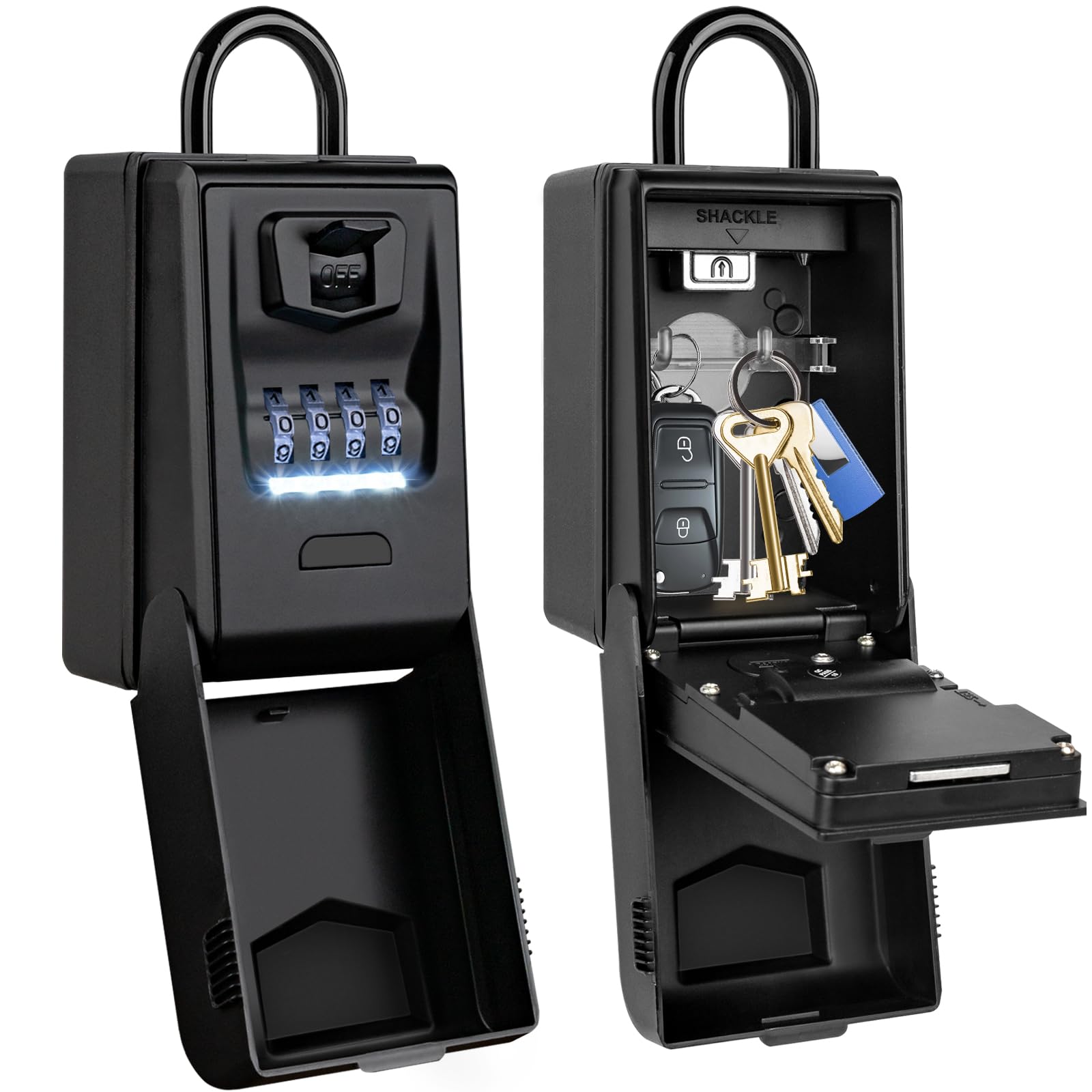 HUANLANG Key Lock Box Outdoor Light Up Lockbox 4 Digit Combination Lock Box for Door Handle Waterproof Key Safe Large Capacity Hide a Key,Security Lock Box for Realtor Home Office Garage Airbnb Gym