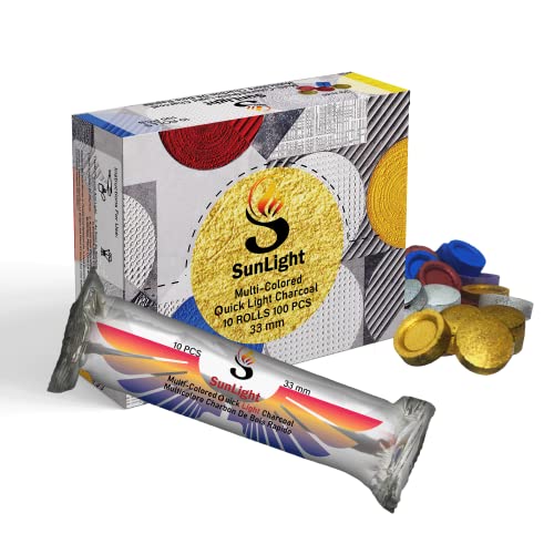 *New* Sunlight Colors - Charcoal Tablets for Incense – Quick Light Charcoal Tablets – Incense Charcoal for Parties – 33 mm Resin Burner Rolls – Pack of 100 Coal Briquettes - No Scent - No Smoke -