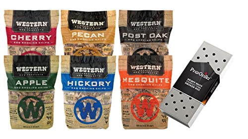 MIJIG Western BBQ Premium Wood Smoking Chips Variety (Pack of 6) Bundled with ProGrilla Smoker Box