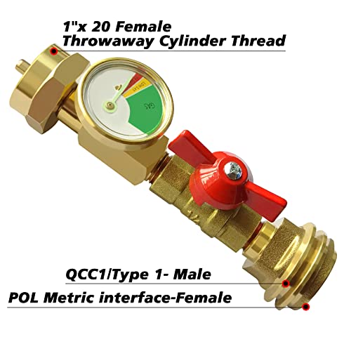 GardenNow 1 lb to 20 lb Propane Tank Adapter with Valve and Gauge, Converter Universal for 1lb Disposable Throwaway Cylinder, Convert CGA600 Acme Male & POL Female Thread to QCC/Type1 Male Connector