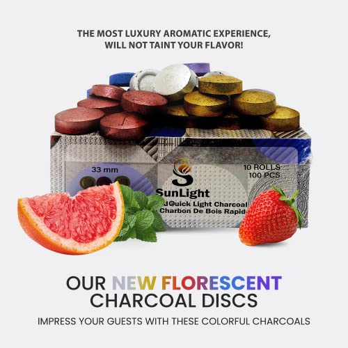 *New* Sunlight Colors - Charcoal Tablets for Incense – Quick Light Charcoal Tablets – Incense Charcoal for Parties – 33 mm Resin Burner Rolls – Pack of 100 Coal Briquettes - No Scent - No Smoke -