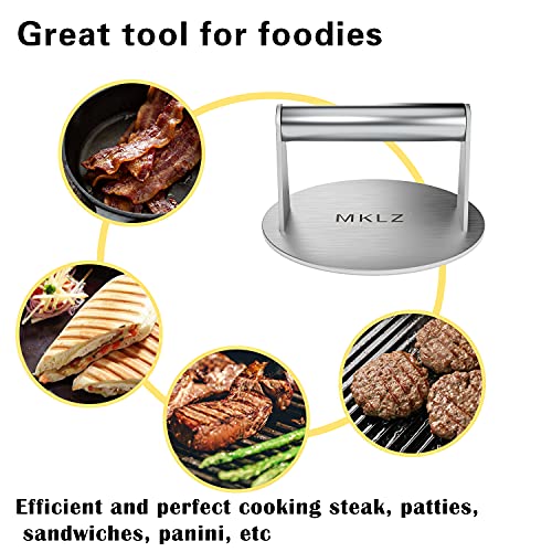 MKLZ Burger Smasher Stainless Steel Bacon Press, 5.9 Inches Round Heavy Duty Burger Smasher with Handle, Bacon Press Grill Press Perfect for Flat Top, Professional Griddle Grill Cooking