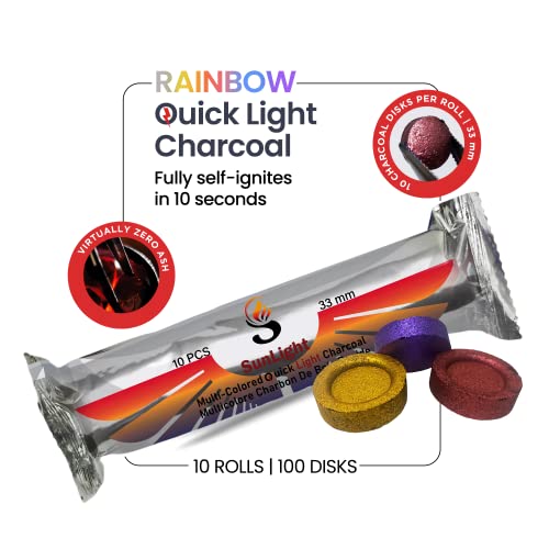*New* Sunlight Colors - Charcoal Tablets for Incense – Quick Light Charcoal Tablets – Incense Charcoal for Parties – 33 mm Resin Burner Rolls – Pack of 100 Coal Briquettes - No Scent - No Smoke -
