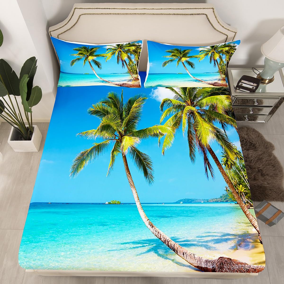 Ocean Beach Fitted Sheet Full Size, Hawaiin Palm Tree Bed Sheets Sets, Summer Coastal Sheets, Tropical Vacation Style Bedding Set, Blue Sea Wave Top Sheet 3Pcs with 2 Pillow Cases Deep Pocket