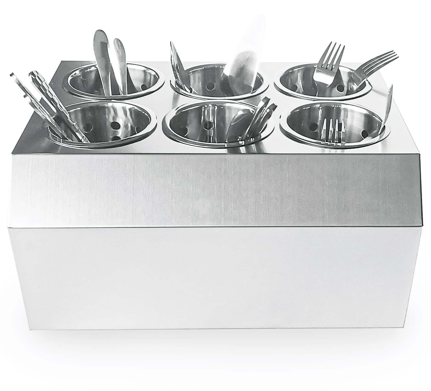 overstockedkitchen Commercial 6-Hole Stainless Steel Cylinder Flatware Silverware Utensil Holder Organizer Caddy