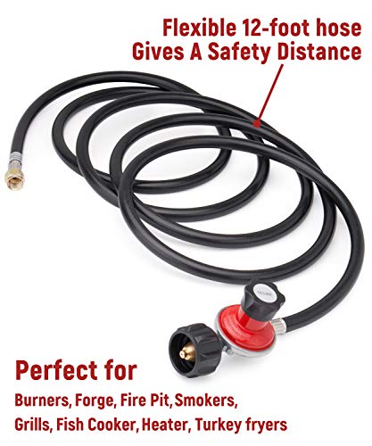 SHINESTAR 0-20 PSI Adjustable Propane Regulator with Hose (12FT), Perfect for Fire Pit, Turkey Fryer, Heater, Burner, Forge, Orifice Connector Included