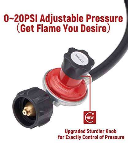 SHINESTAR 0-20 PSI Adjustable Propane Regulator with Hose (12FT), Perfect for Fire Pit, Turkey Fryer, Heater, Burner, Forge, Orifice Connector Included