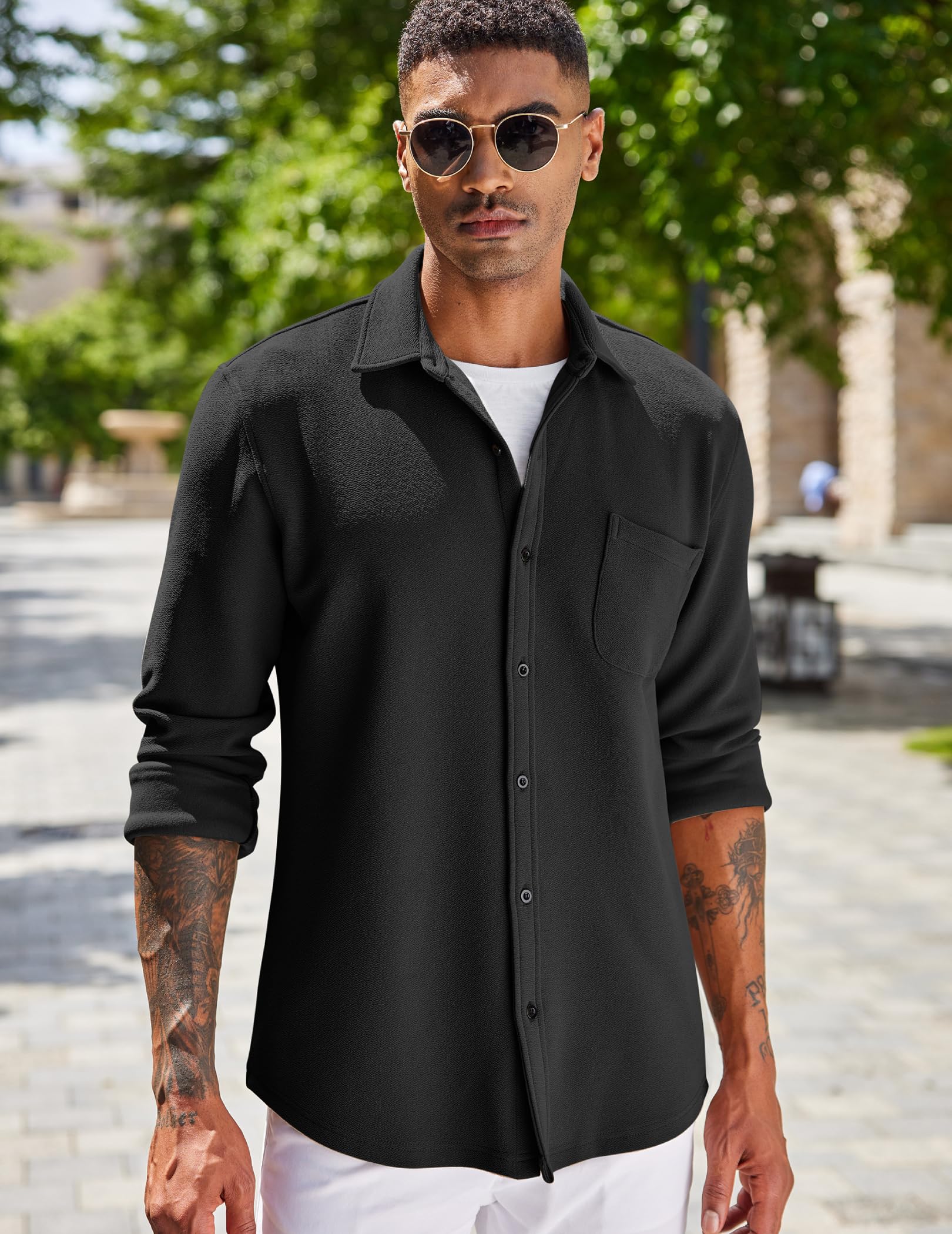 COOFANDY Men's Wrinkle Free Button Down Shirt Long Sleeve Trucker Overshirt Casual Autumn Jacket with Single Pocket Black