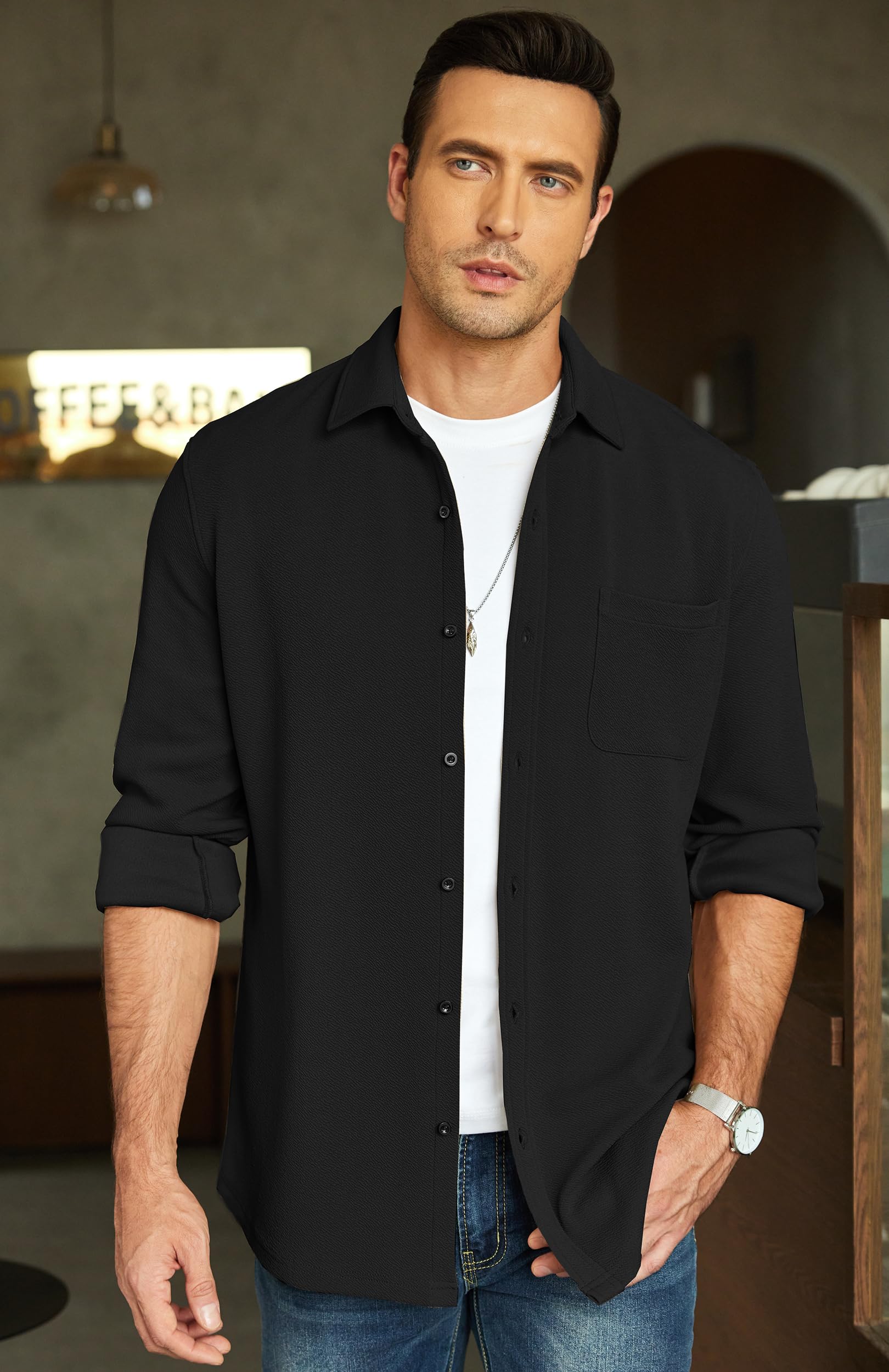 COOFANDY Men's Wrinkle Free Button Down Shirt Long Sleeve Trucker Overshirt Casual Autumn Jacket with Single Pocket Black