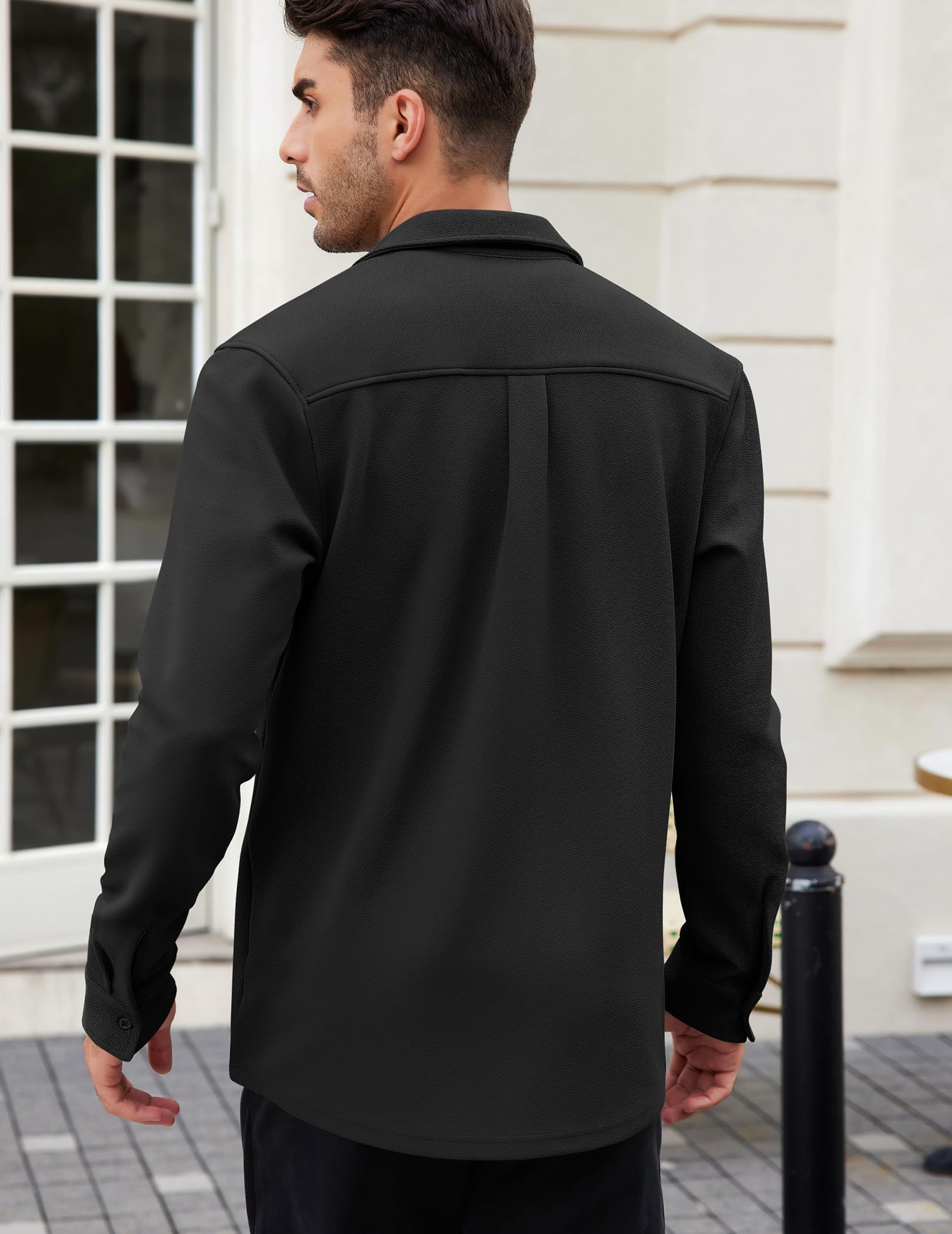 COOFANDY Men's Wrinkle Free Button Down Shirt Long Sleeve Trucker Overshirt Casual Autumn Jacket with Single Pocket Black