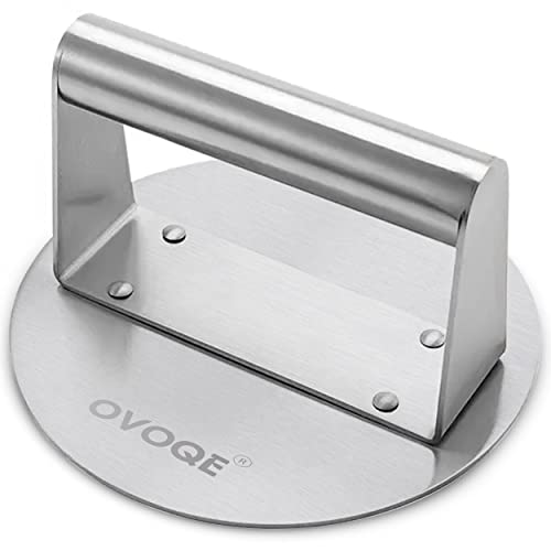 OVOQE Heavy Duty Stainless Steel Smash Burger Press, 6.2 inch Round Stainless Steel Professional Burger Smasher/Hamburger Patty Maker, Griddle Accessories Kit for Flat Top Grill, Rust-Free Easy Clean.