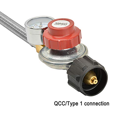only 5Ft 0-30PSI Adjustable Propane Regulator Stainless Steel Braided Hose QCC/Type 1 Connection with Gauge for Grills, Burners, Heaters, Cookers, Fire Pits and More